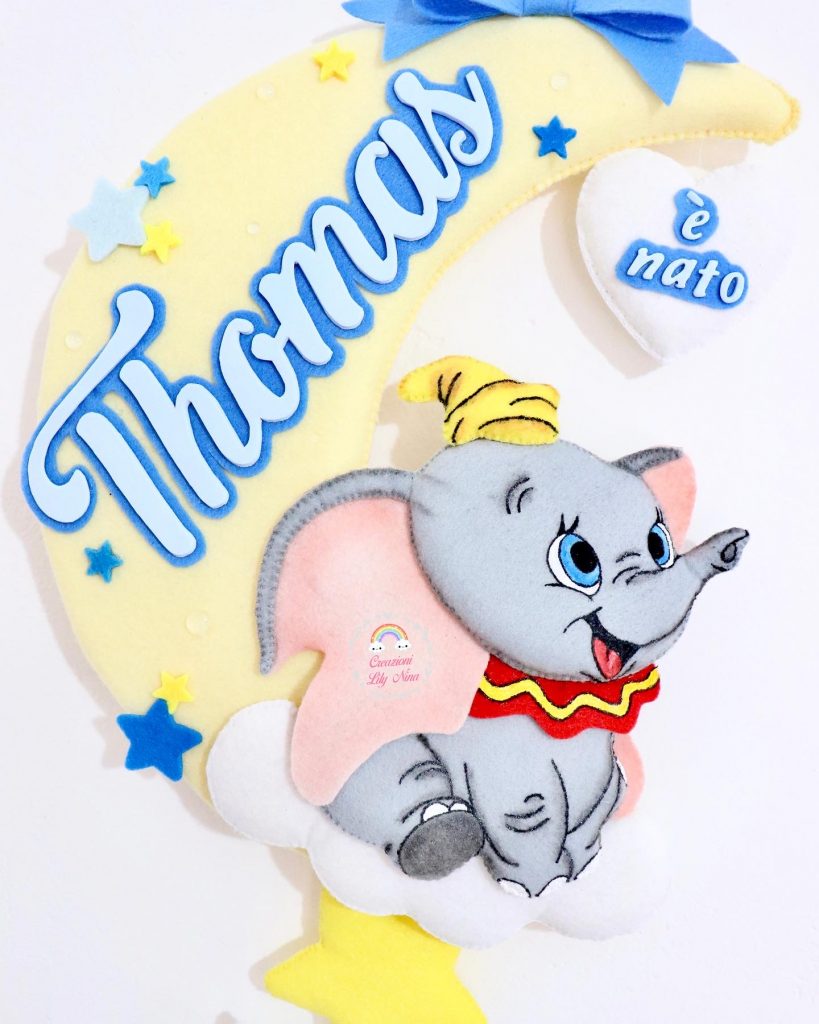 Fiocco nascita Dumbo con nome Thomas in feltro pannolenci fatto a mano