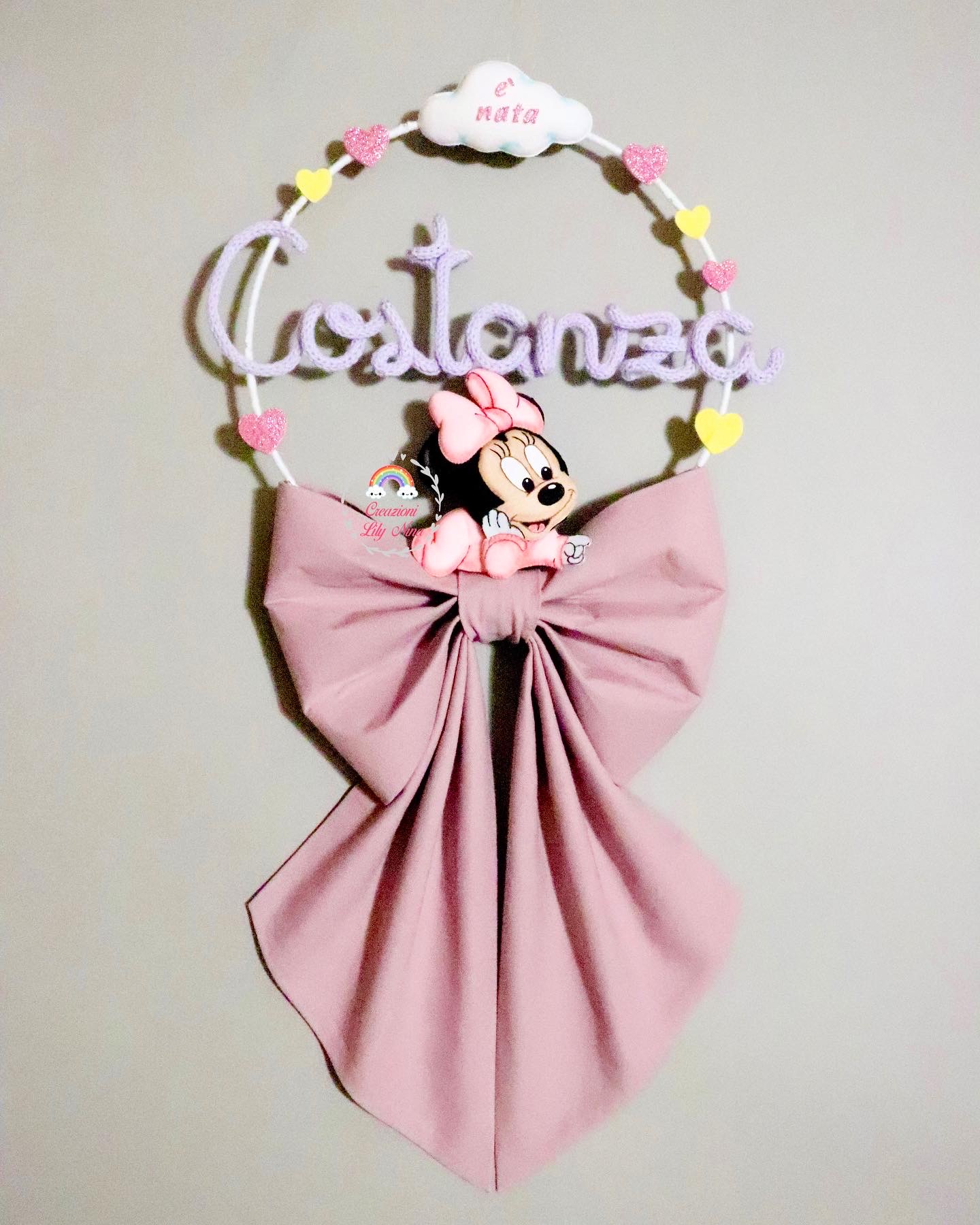 Fiocco nascita Minnie in tricotin feltro fatto a mano